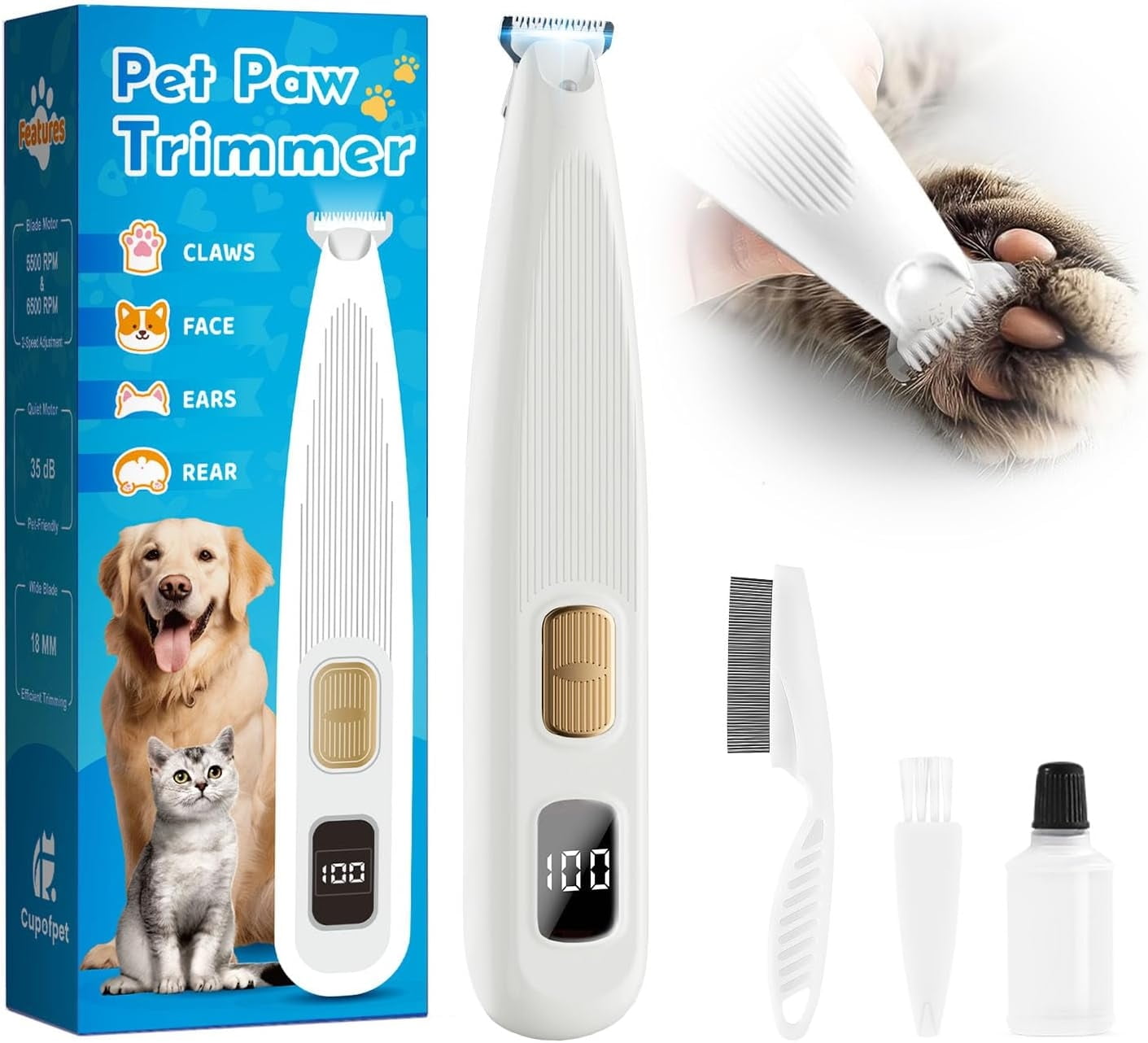 Dog Paw Trimmer with LED Light, 35dB Low Noise Precision Pet Paw ...