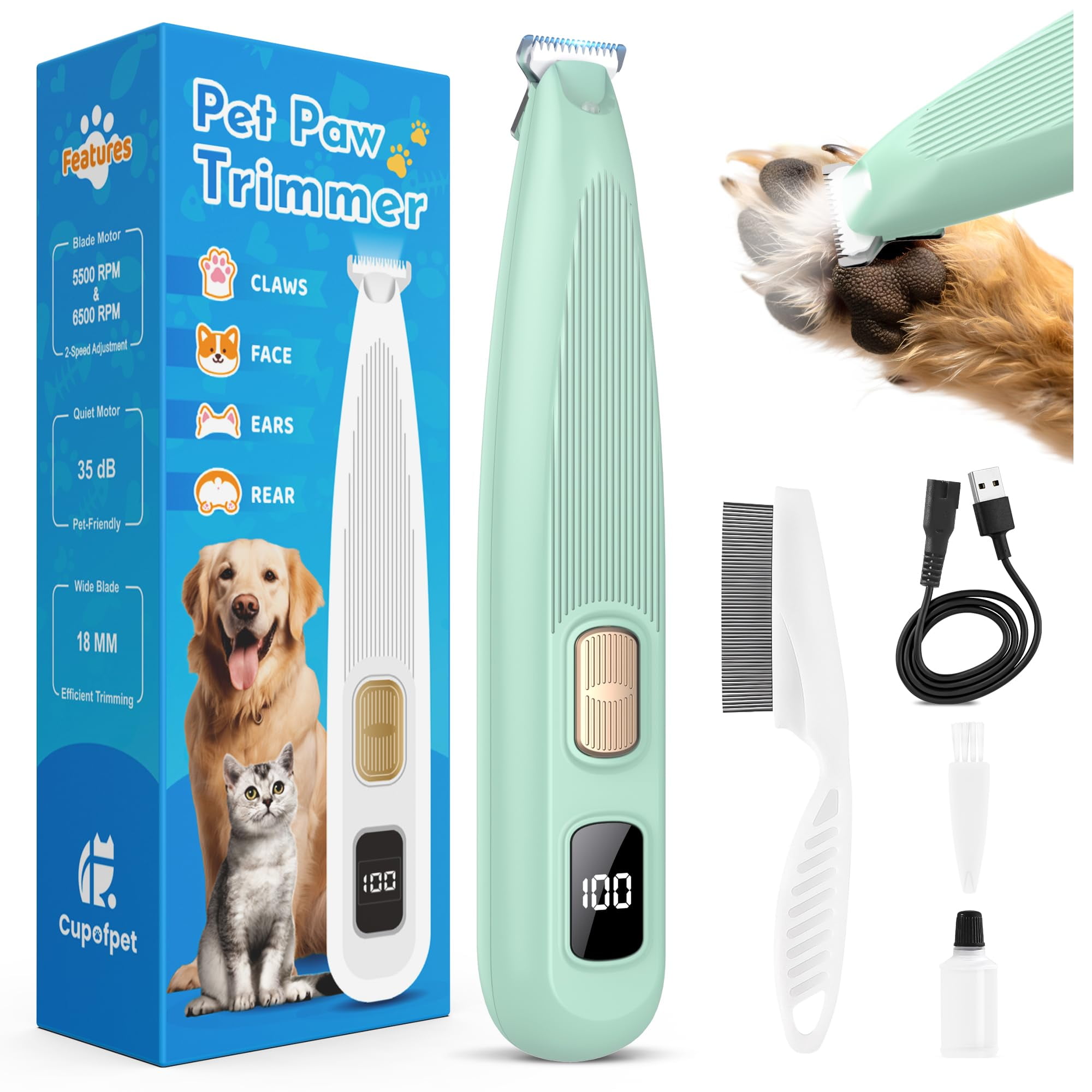 Dog Paw Trimmer with LED Light, ATT135dB Low Noise Precision Pet Paw ...