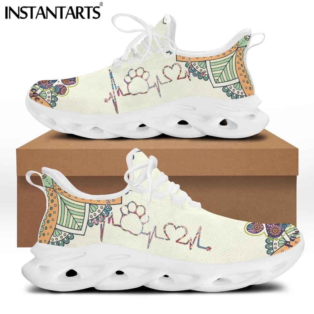 Dog Paw with Bohemia Heartbeat Printing Women Mesh Swing Shoes Lightweight Sports Platform ...