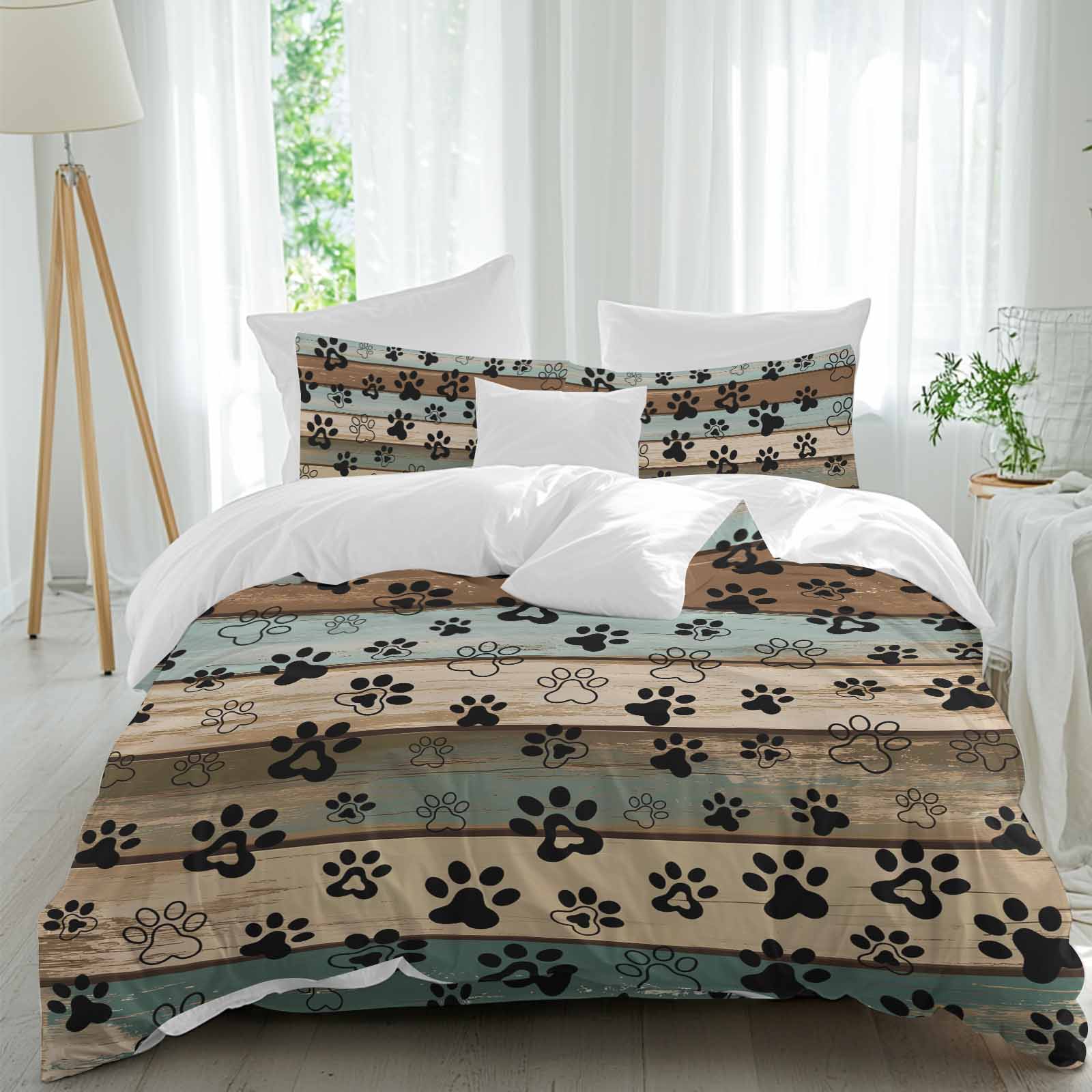 Dog Paws Duvet Cover Set Twin Size Teal Brown Wood Grain Vintage Soft ...