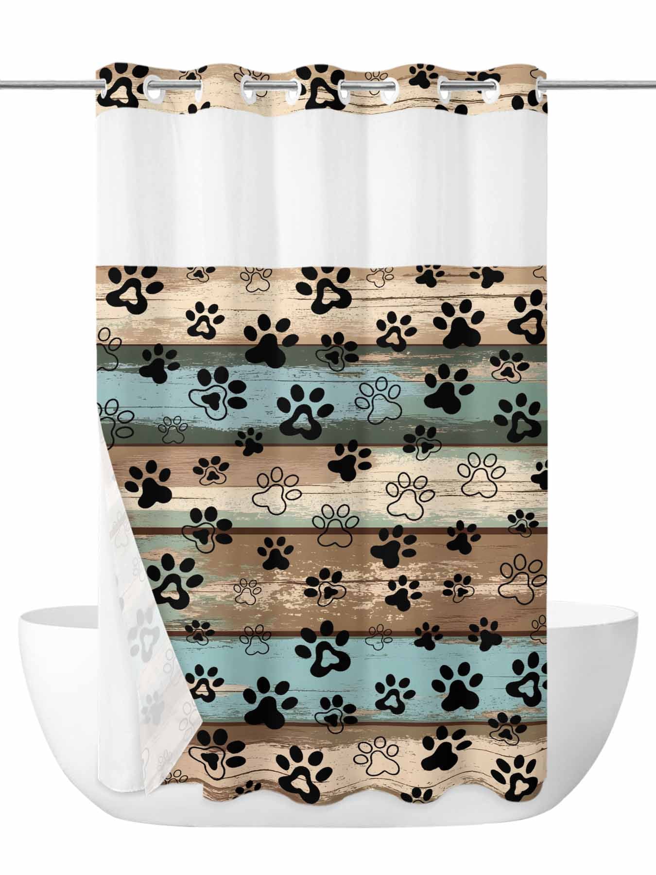 Dog Paws No Hook Shower Curtain and Liner Set Blue Brown Wood Grain ...