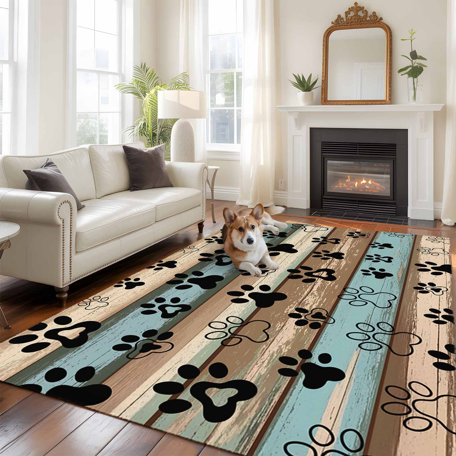 Dog Paws Large Area Rugs 6x9 ft Blue Brown Wood Grain Vintage Washable ...