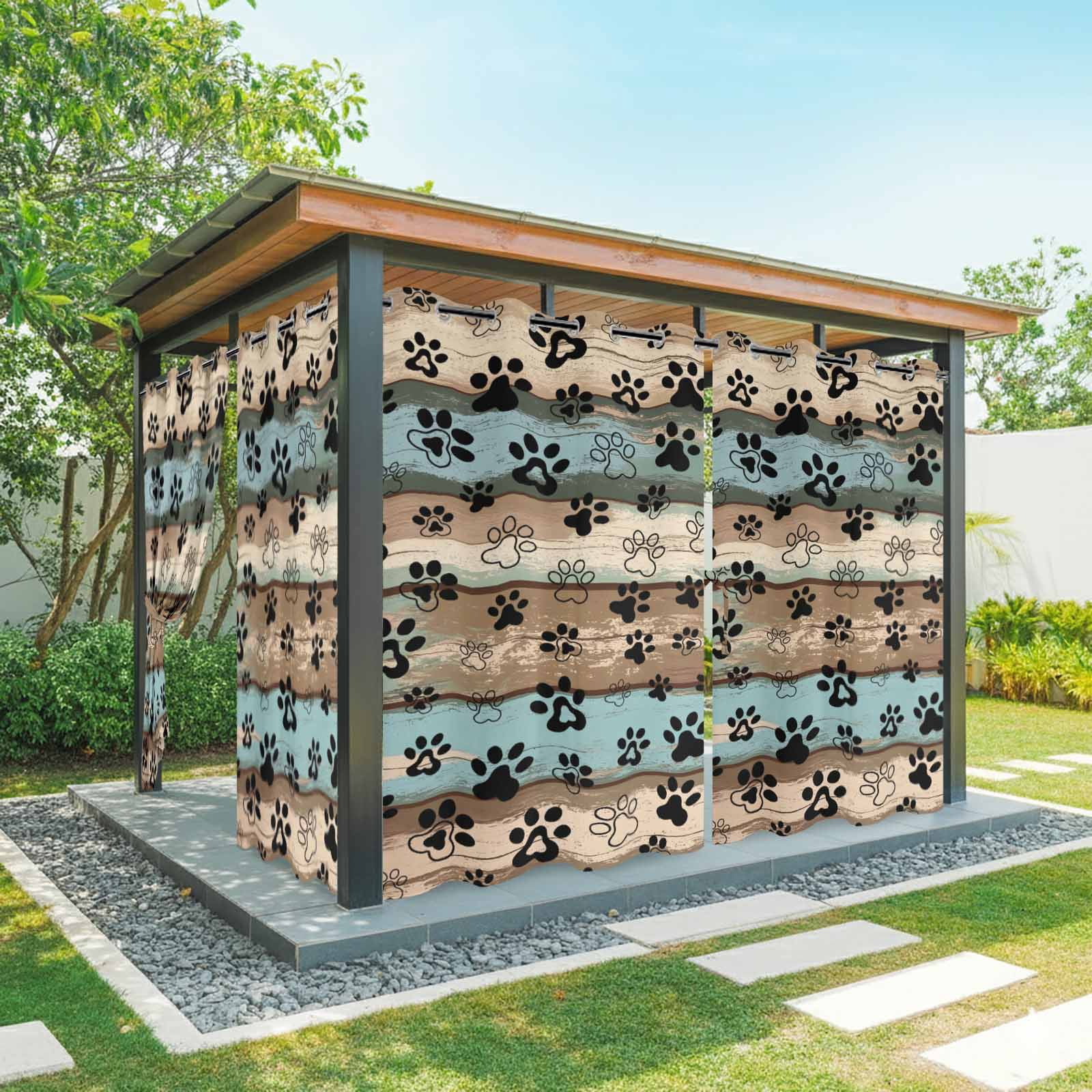 Dog Paws Outdoor Curtains for Patio Waterproof, Blue Brown Wood Grain ...