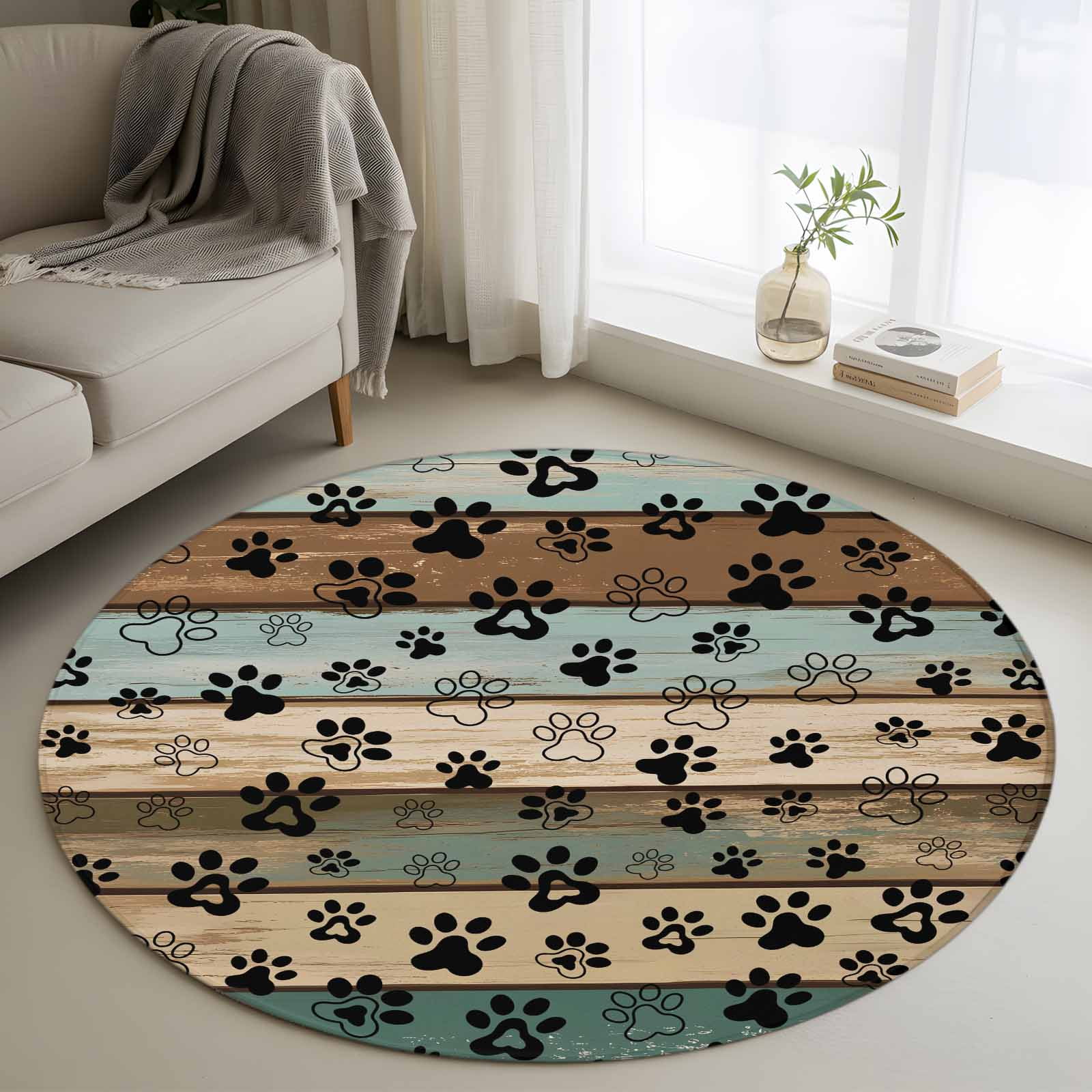 Dog Paws Printed 3ft Round Rug, Vintage Teal Brown Wooden Farmhouse Non ...
