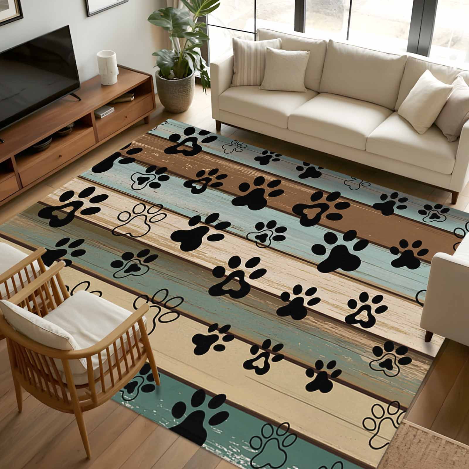 Dog Paws Printed 5x7 Area Rugs, Vintage Teal Brown Wooden Farmhouse Non ...