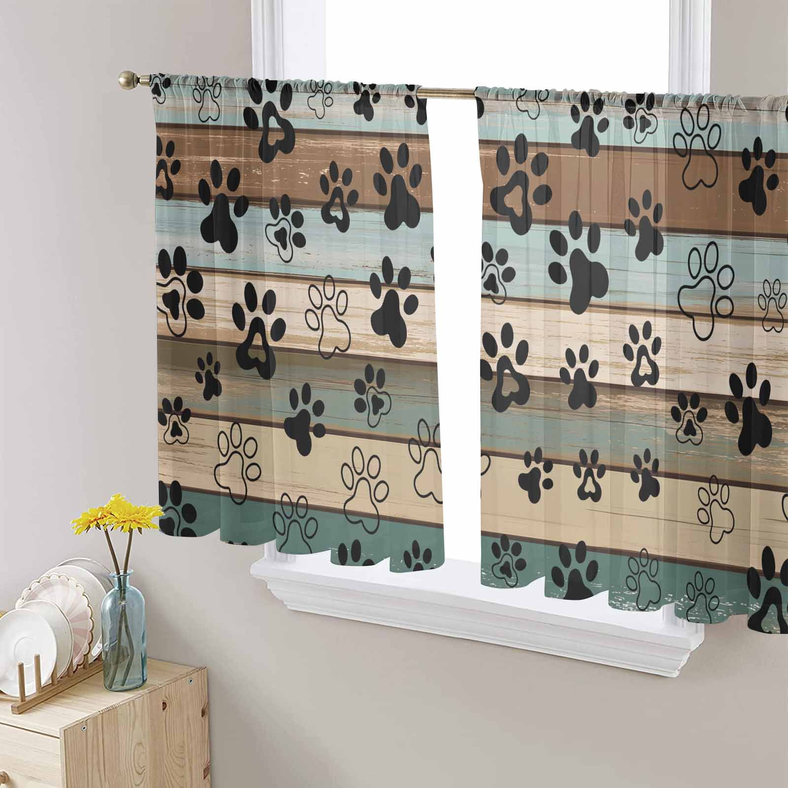 Dog Paws Printed Semi Sheer Window Curtains 54 Inches Long, Vintage ...