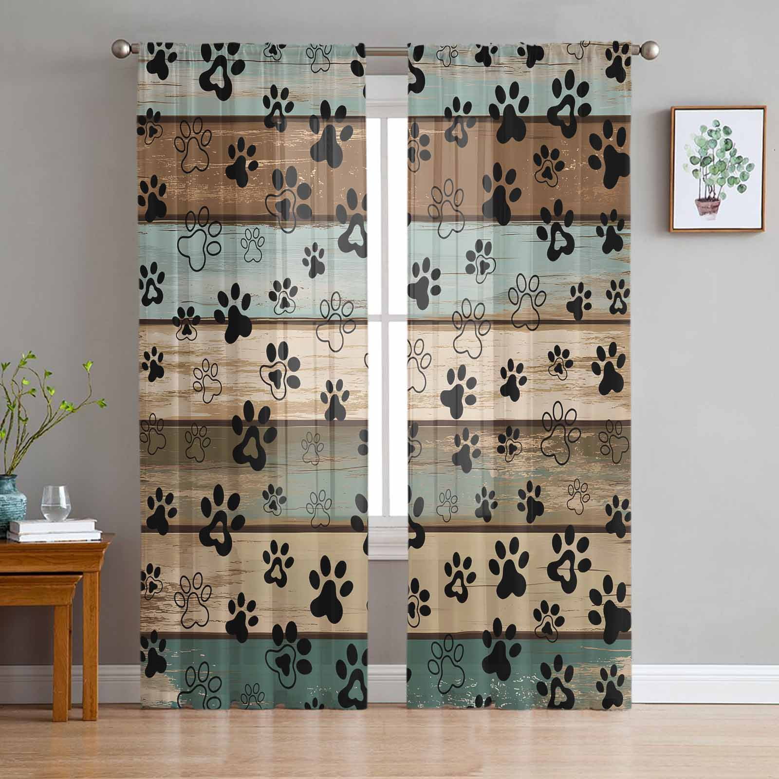 Dog Paws Printed Semi Sheer Window Curtains 72 Inches Long, Vintage ...
