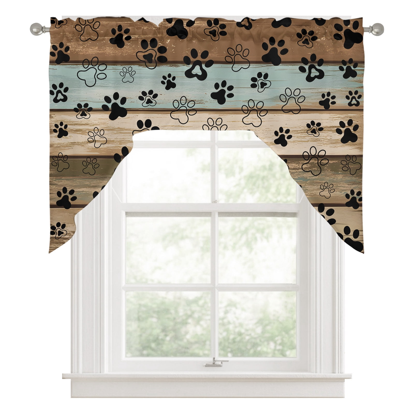 Dog Paws Printed Swag Valances for Windows, Vintage Teal Brown Wooden ...