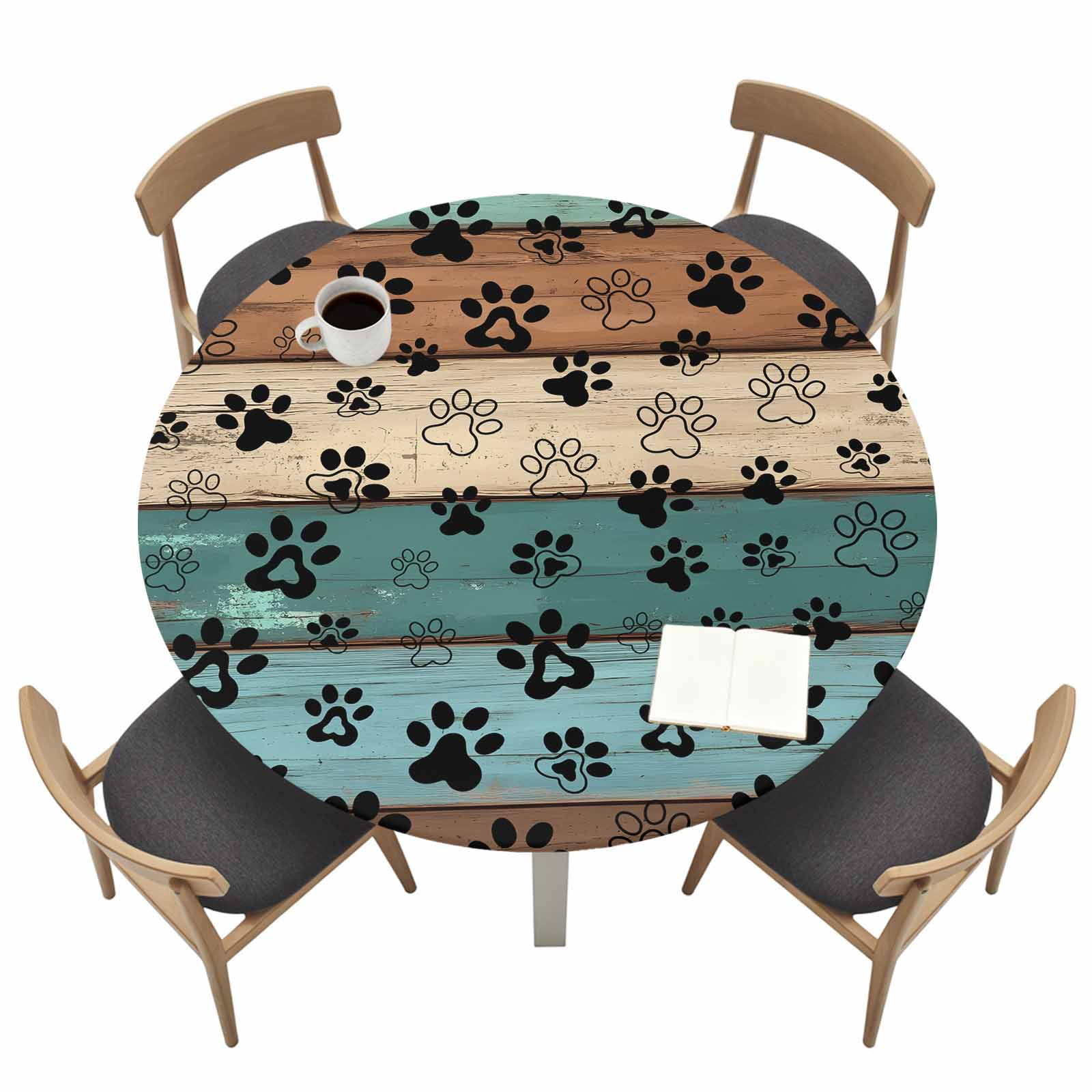 Dog Paws Round Fitted Tablecloth with Elastic Edge Brown Blue Wood ...