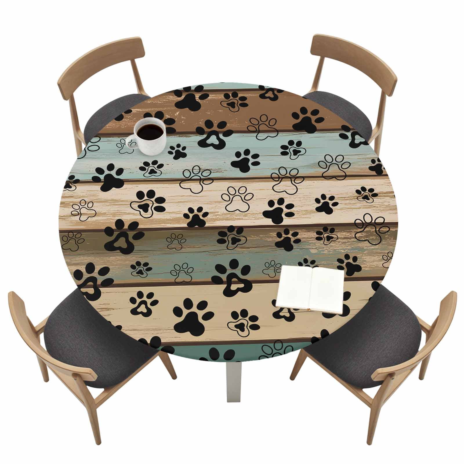 Dog Paws Round Fitted Tablecloth with Elastic Edge Teal Brown Wood ...