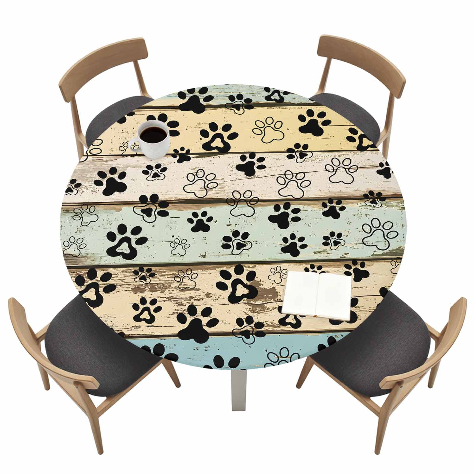 Dog Paws Round Fitted Tablecloth with Elastic Edge Yellow Blue Wood ...