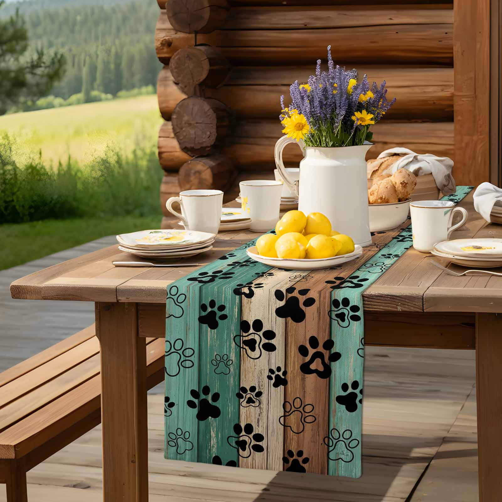 Dog Paws Rustic Wooden Plank Table Runner 13x72in Non-Slip Cotton Linen ...