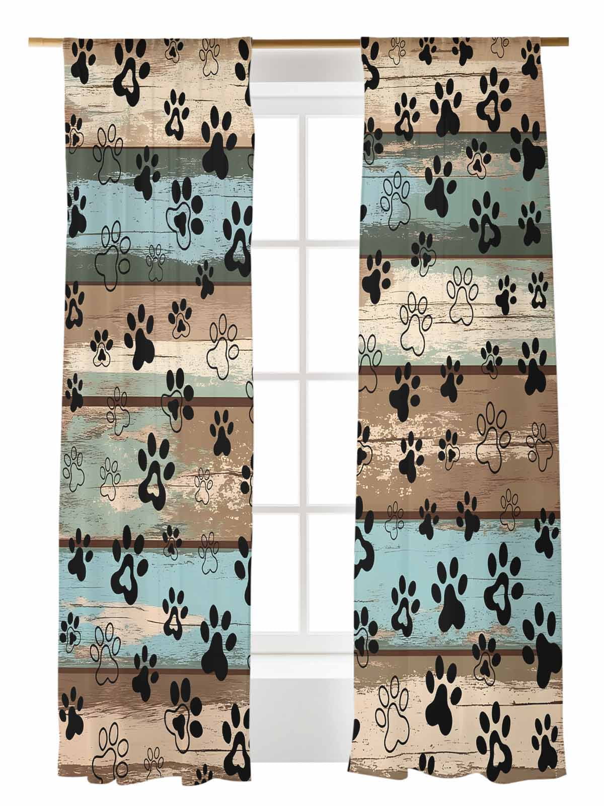 Dog Paws Sheer Curtains 2 Panels Set Blue Brown Wood Grain Vintage ...
