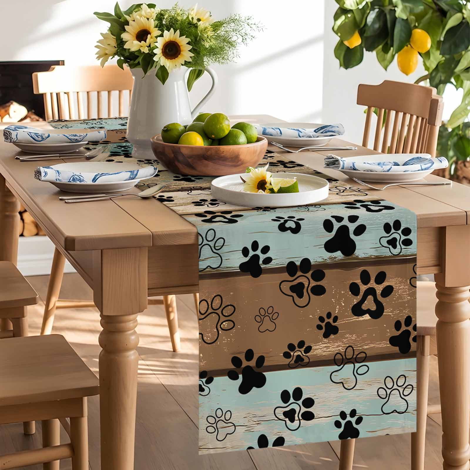 Dog Paws Table Runner, Teal Brown Wood Grain Washable Kitchen Table ...