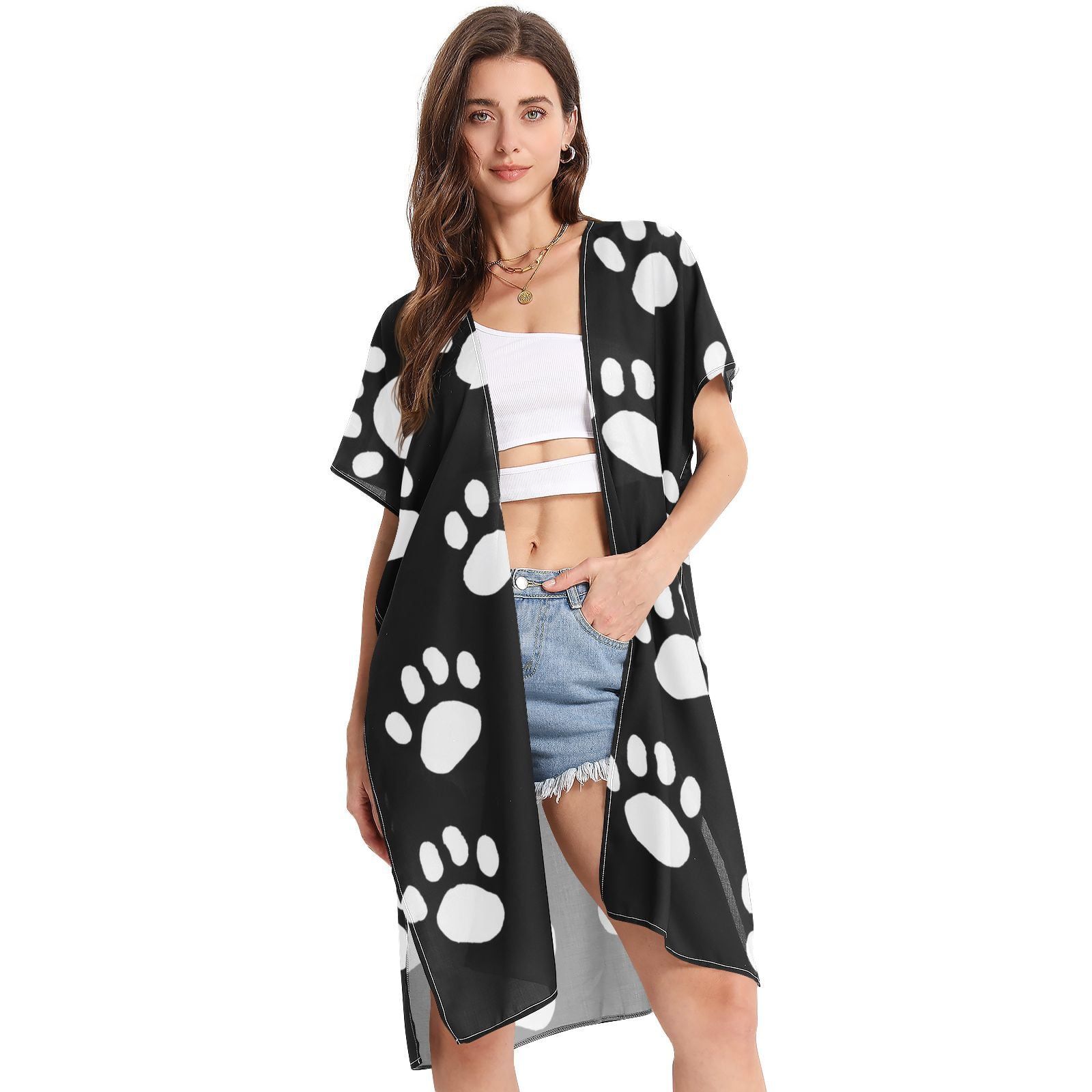 Dog Paws White Women Swimsuit Cover up V Neck Beach Dress Short Sleeve ...