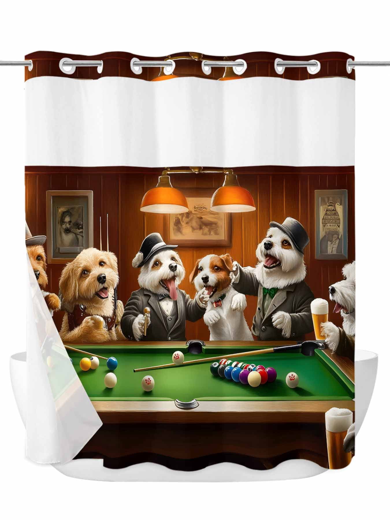 Dog Playing Billiards No Hook Shower Curtain and Liner Set Funny Animal ...