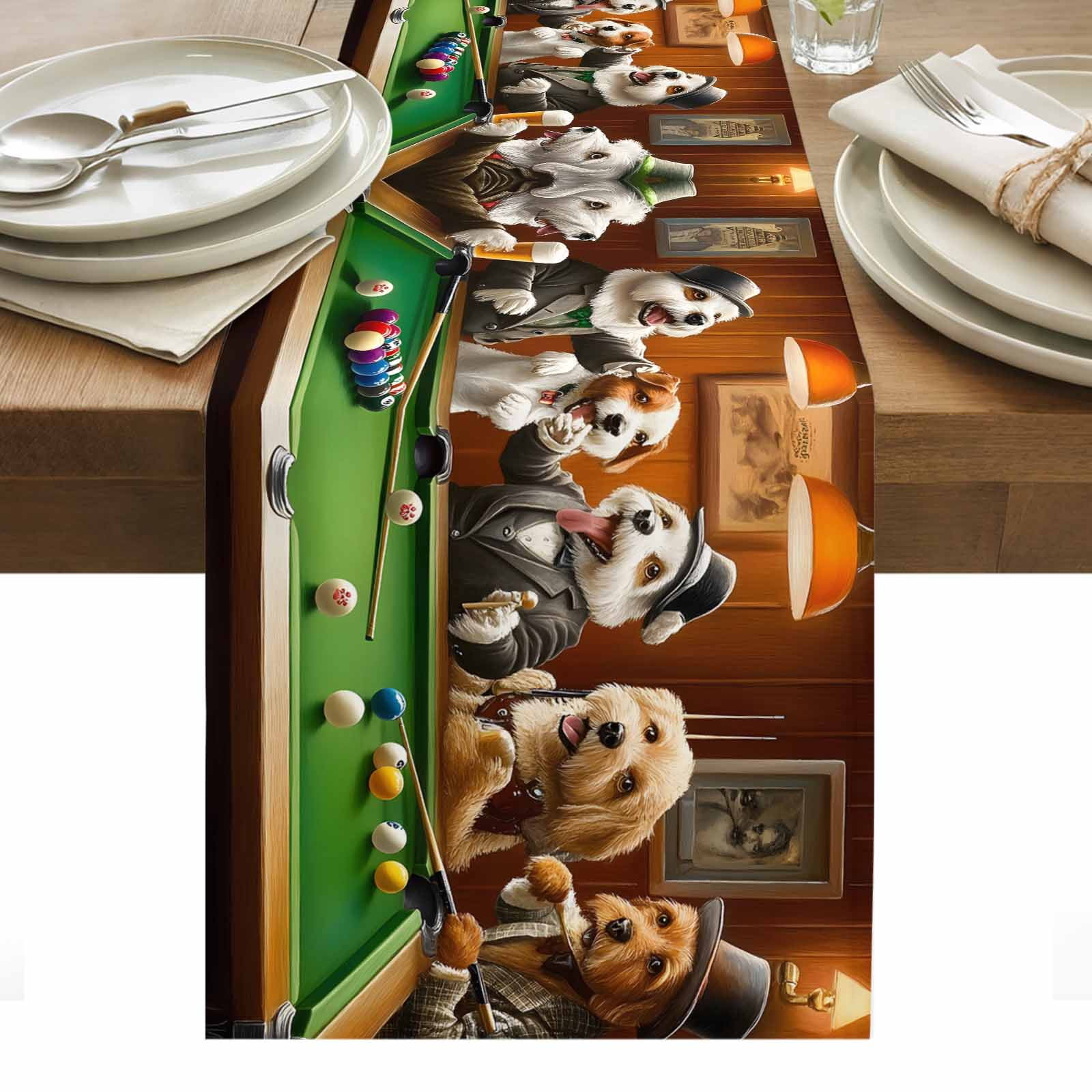 Dog Playing Billiards Table Runner 13 x 70 Inch, Funny Animal Washable ...