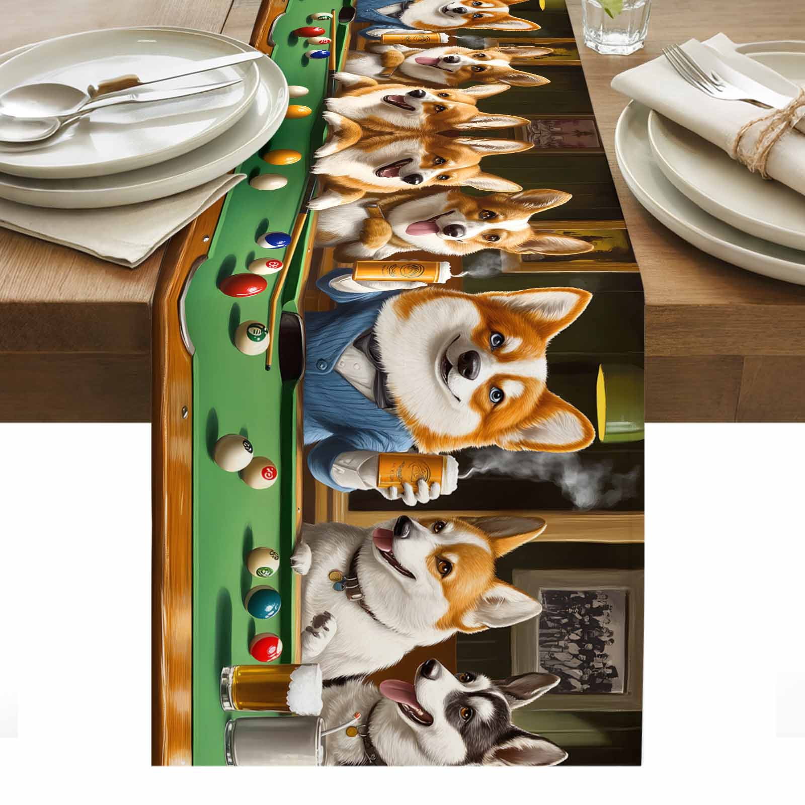 Dog Playing Billiards Table Runner 13 x 90 Inch, Funny Animal Washable ...
