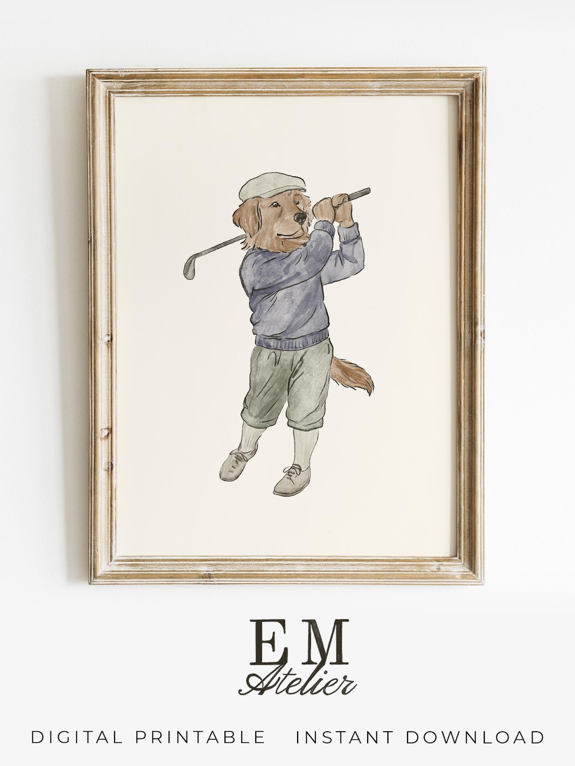 Dog Playing Golf Art Print Golden Retriever Golf Print Dog Boy Wall Art ...