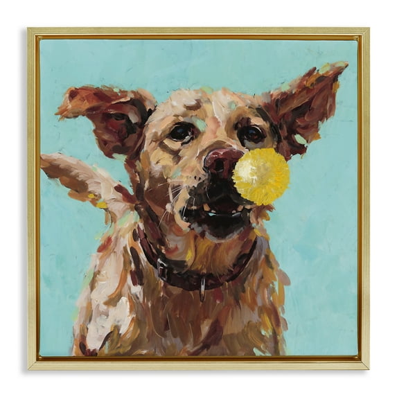 Dog Playing with Ball Gold Framed Floater Canvas Wall Art, design by ...