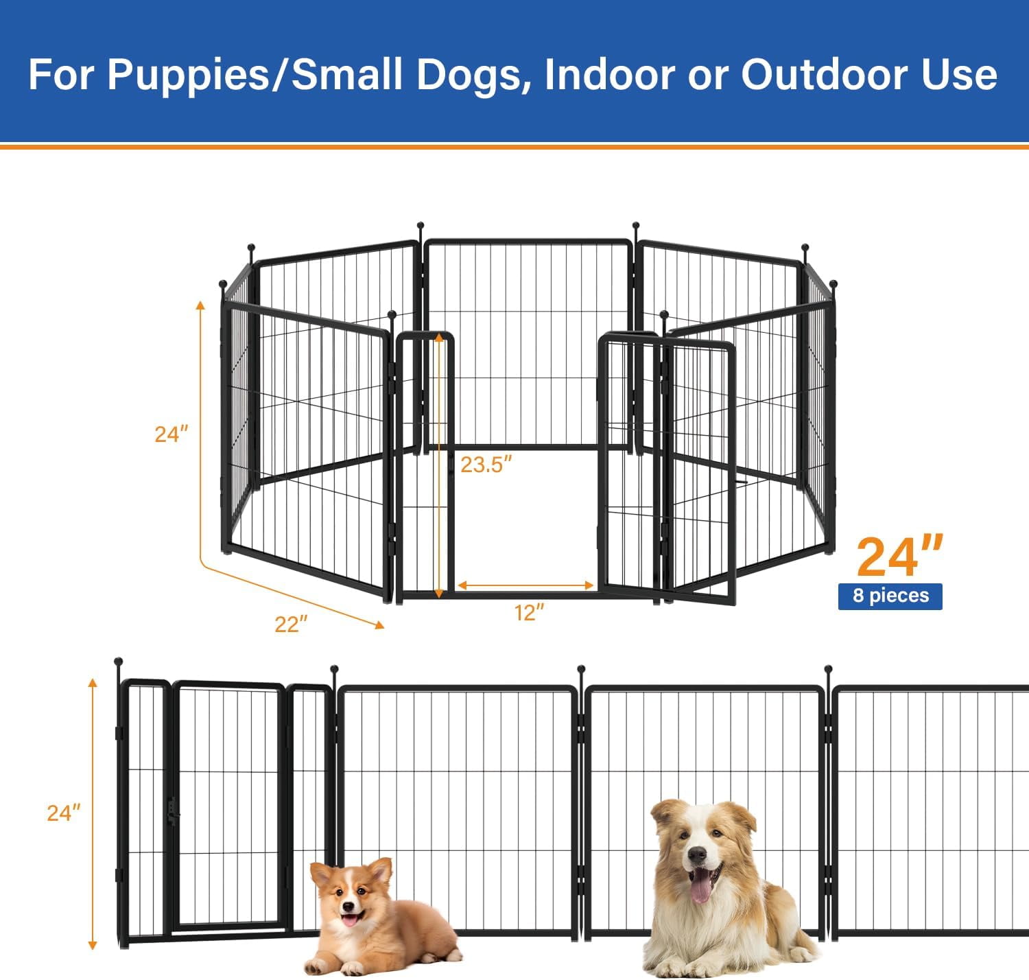 Dog Playpen, 24-Inch 8-Panel Heavy-Duty Metal Pet Fence with Rounded ...