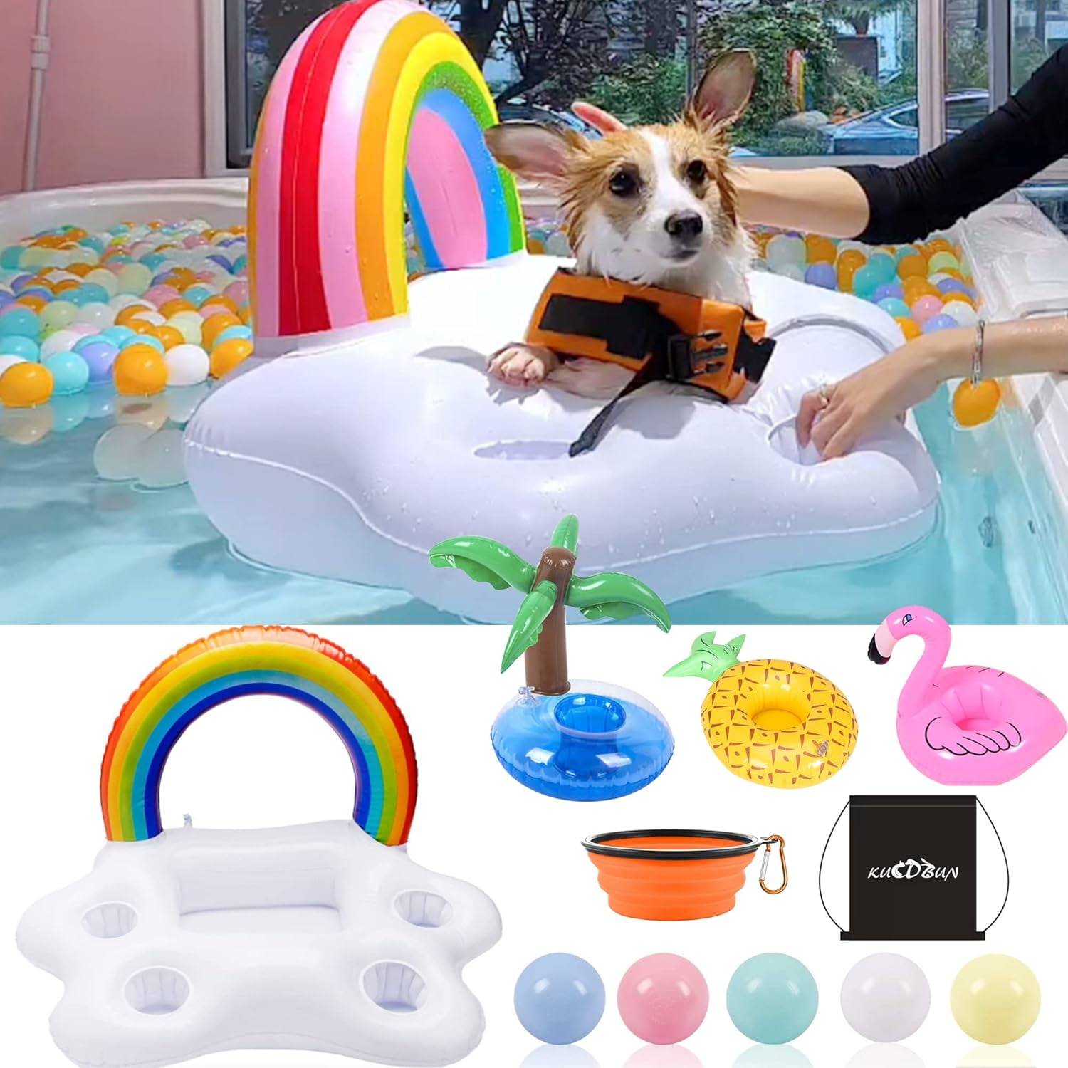 Dog Pool Floats Set, Dog Float Raft with Collapsible Dog Bowl, Non ...