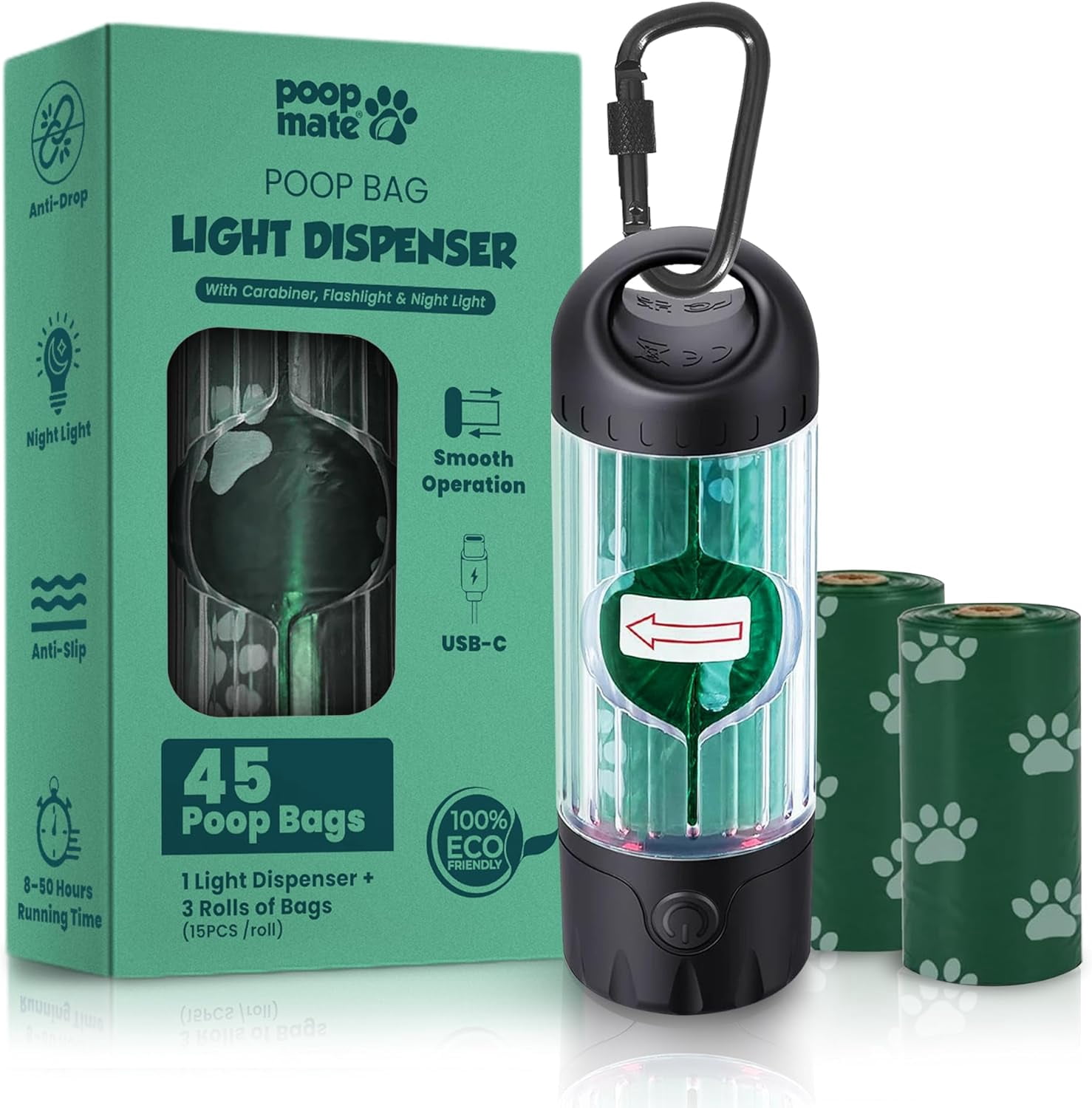 Dog Poop Bag Dispenser with LED Flashlight & 45 Bags (3 Rolls) – USB-C ...