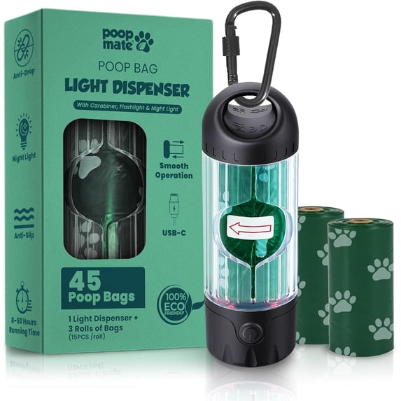 Dog Poop Bag Dispenser with LED Flashlight & 45 Bags (3 Rolls) – USB-C ...