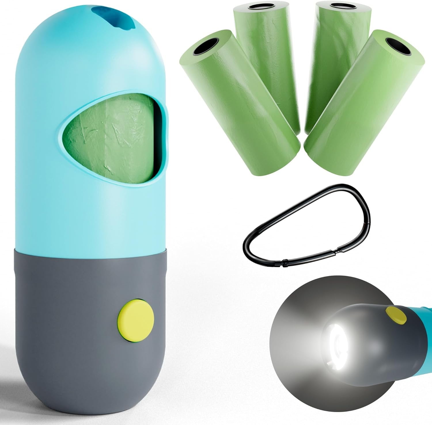 Dog Poop Bag Dispenser w/ 4 Rolls, Flashlight, Carabiner - Green ...