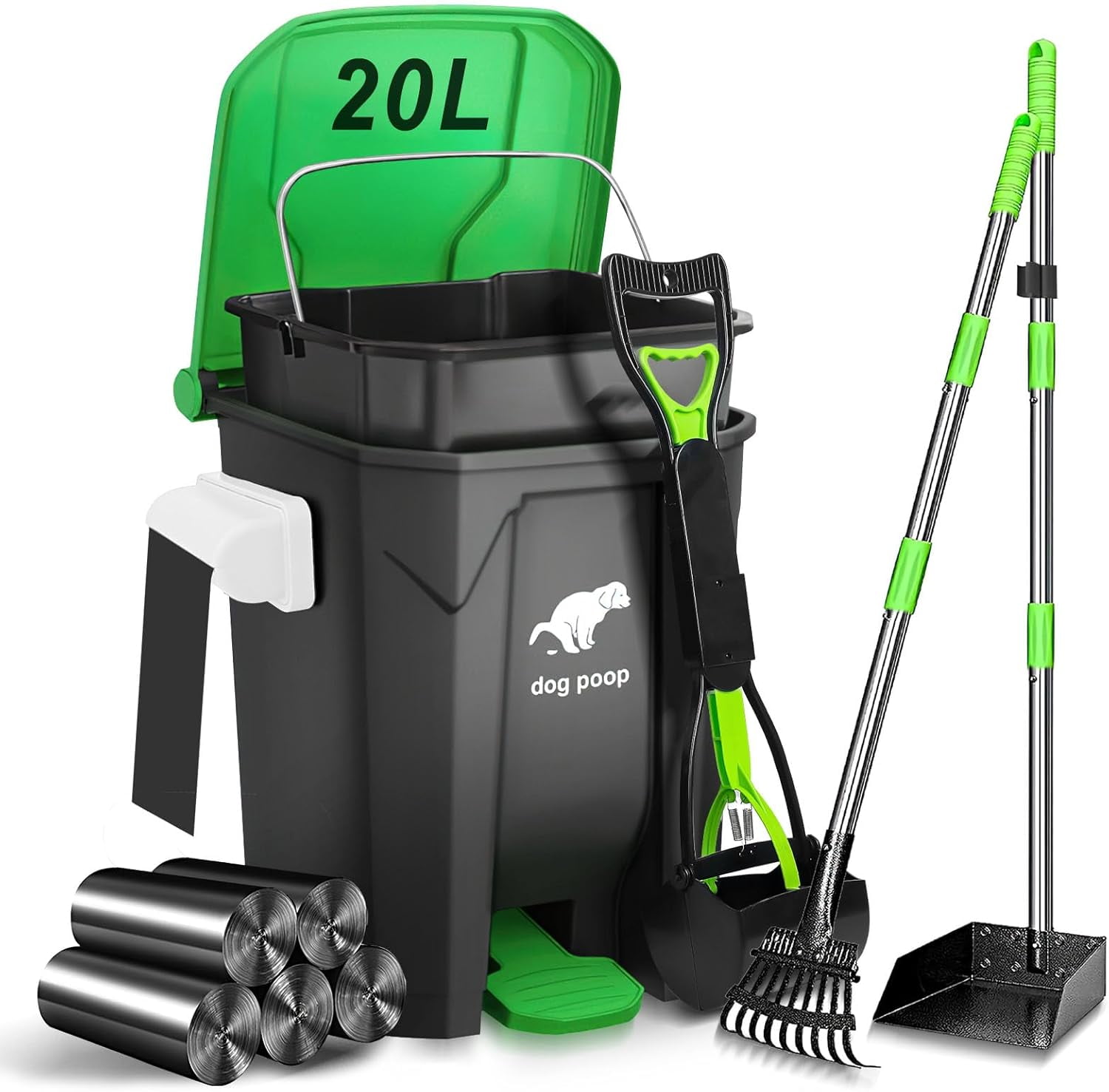 Dog Poop Trash Can Outside with Pooper Scooper and Metal Rake & Tray ...