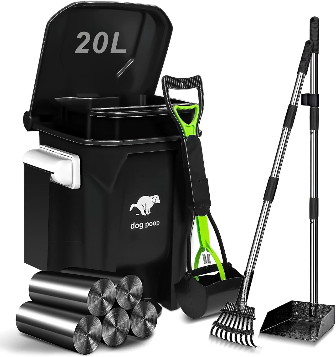 Dog Poop Trash Can Outside with Pooper Scooper and Metal Rake & Tray ...