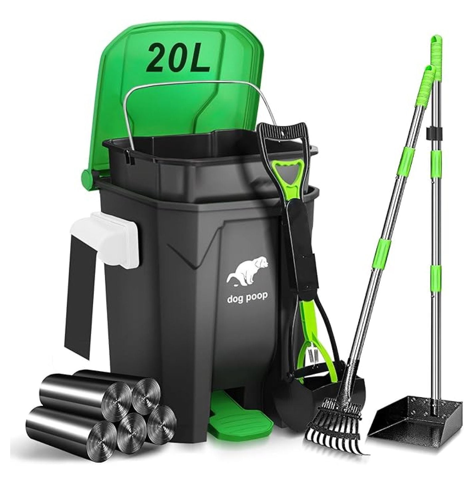 Dog Poop Trash Can Outside with Pooper Scooper and Metal Rake & Tray ...