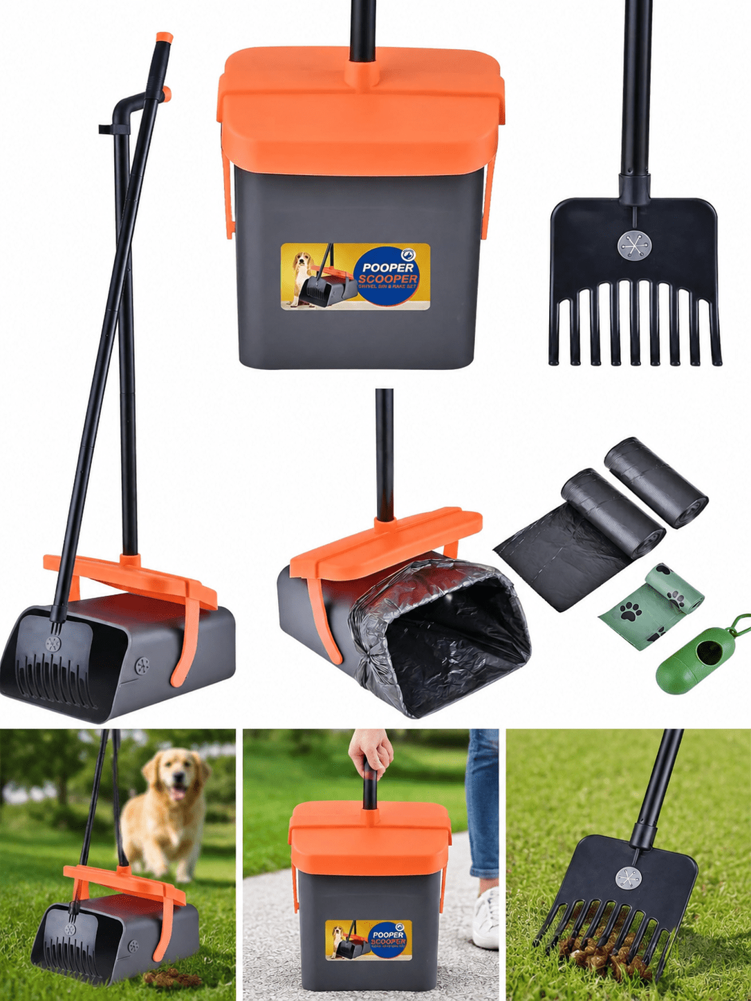 Dog Pooper Scooper Swivel Bin & Rake Kit with 35 Waste Bags, 46" Long ...