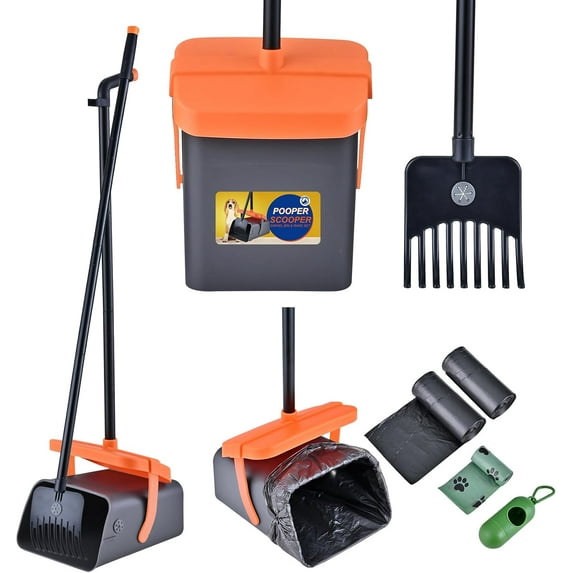 Dog Pooper Scooper Swivel Bin & Rake Kit with 55 Waste Bags, 46" Long ...