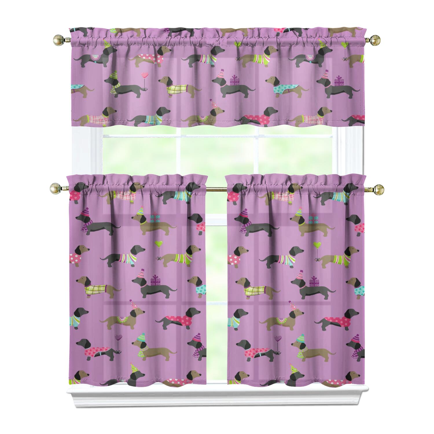 Dog Print Kitchen Curtains 36 Inch Short - 3 Panel Set, Cute Puppy ...