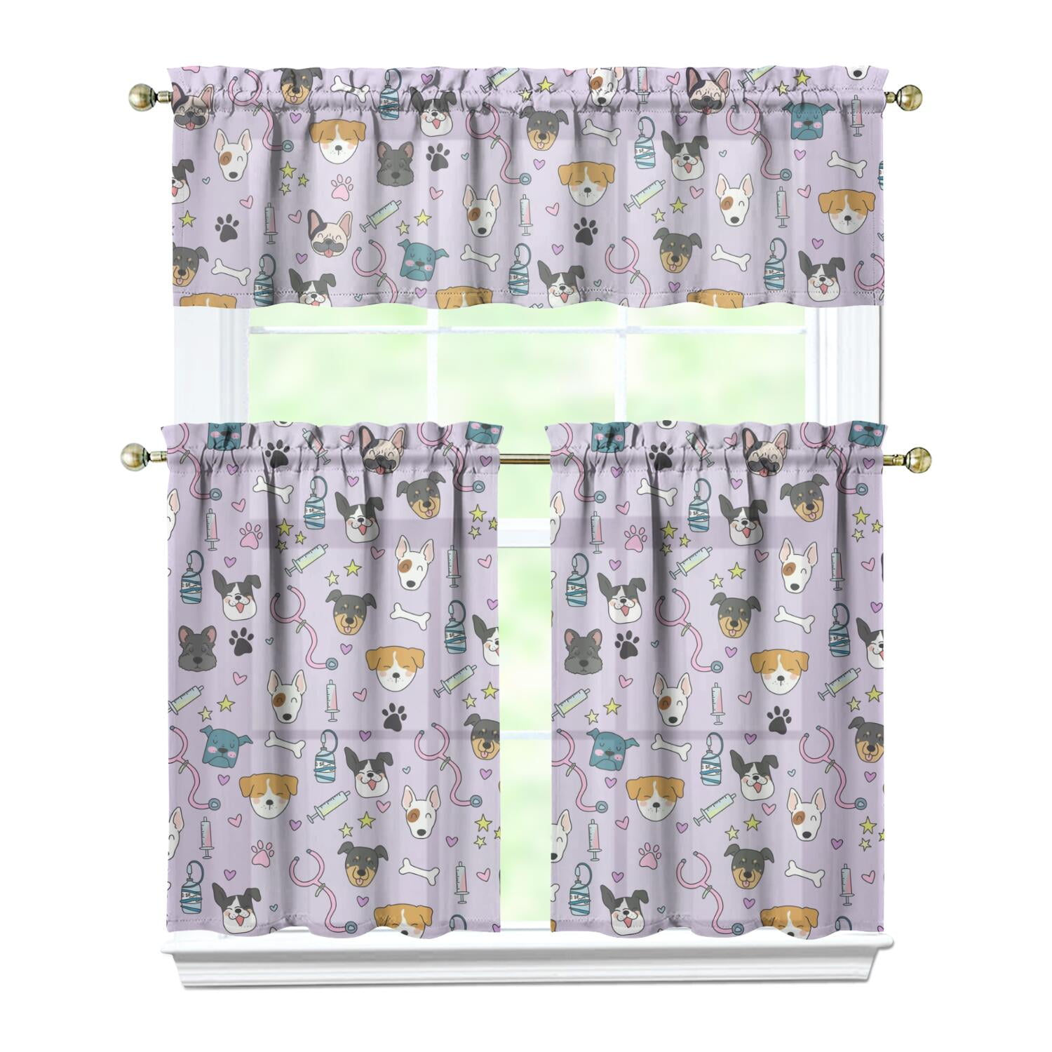 Dog Print Kitchen Curtains 36 Inch Short - 3 Panel Set, Cute Puppy ...