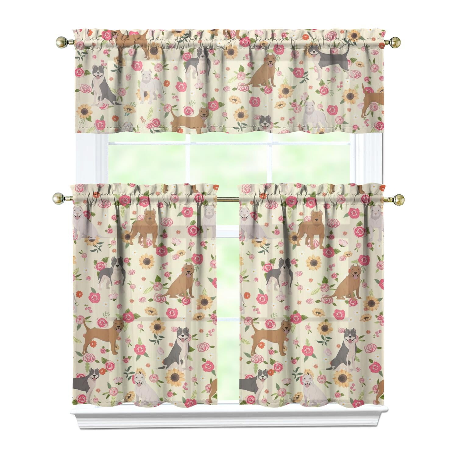 Dog Print Kitchen Curtains 36 Inch Short - 3 Panel Set, Cute Puppy ...