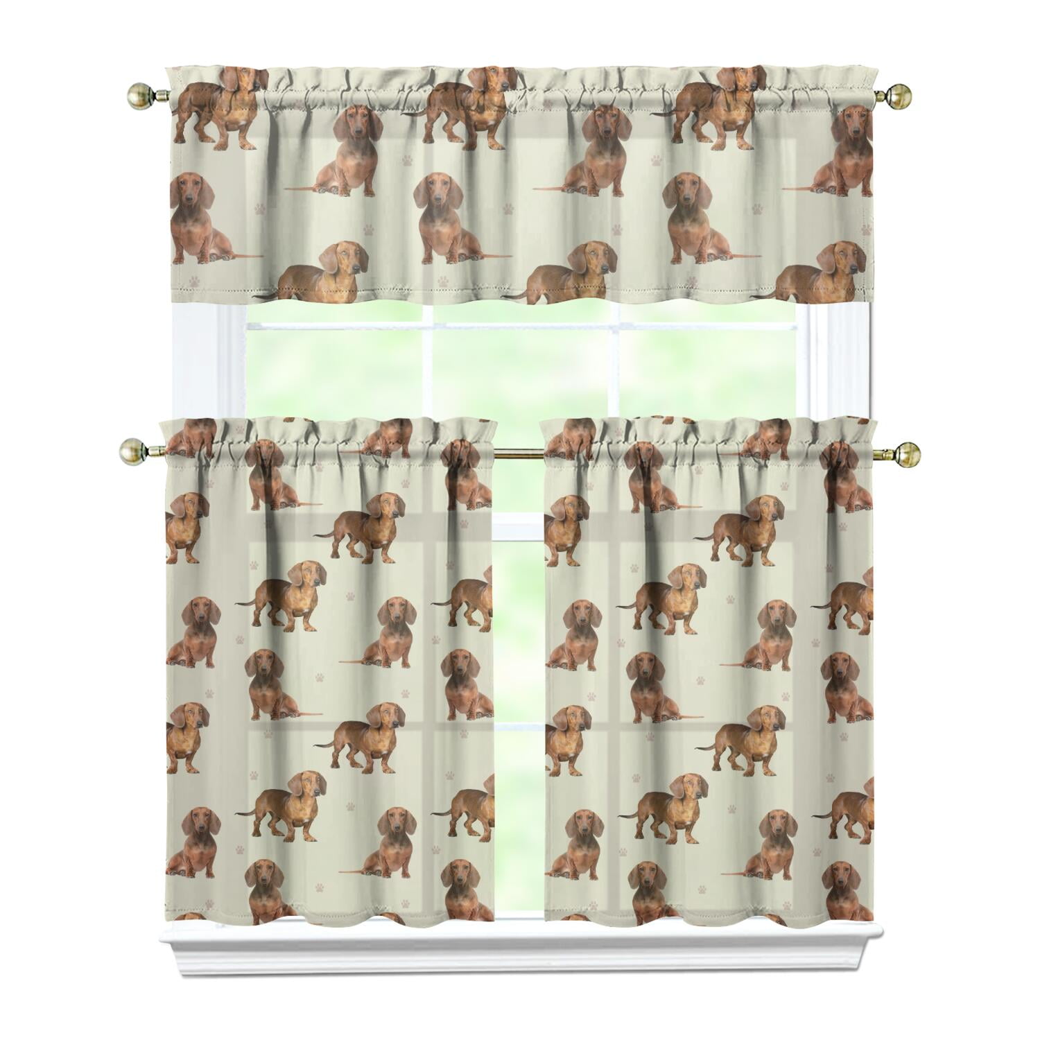 Dog Print Kitchen Curtains 36 Inch Short - 3 Panel Set, Cute Puppy ...