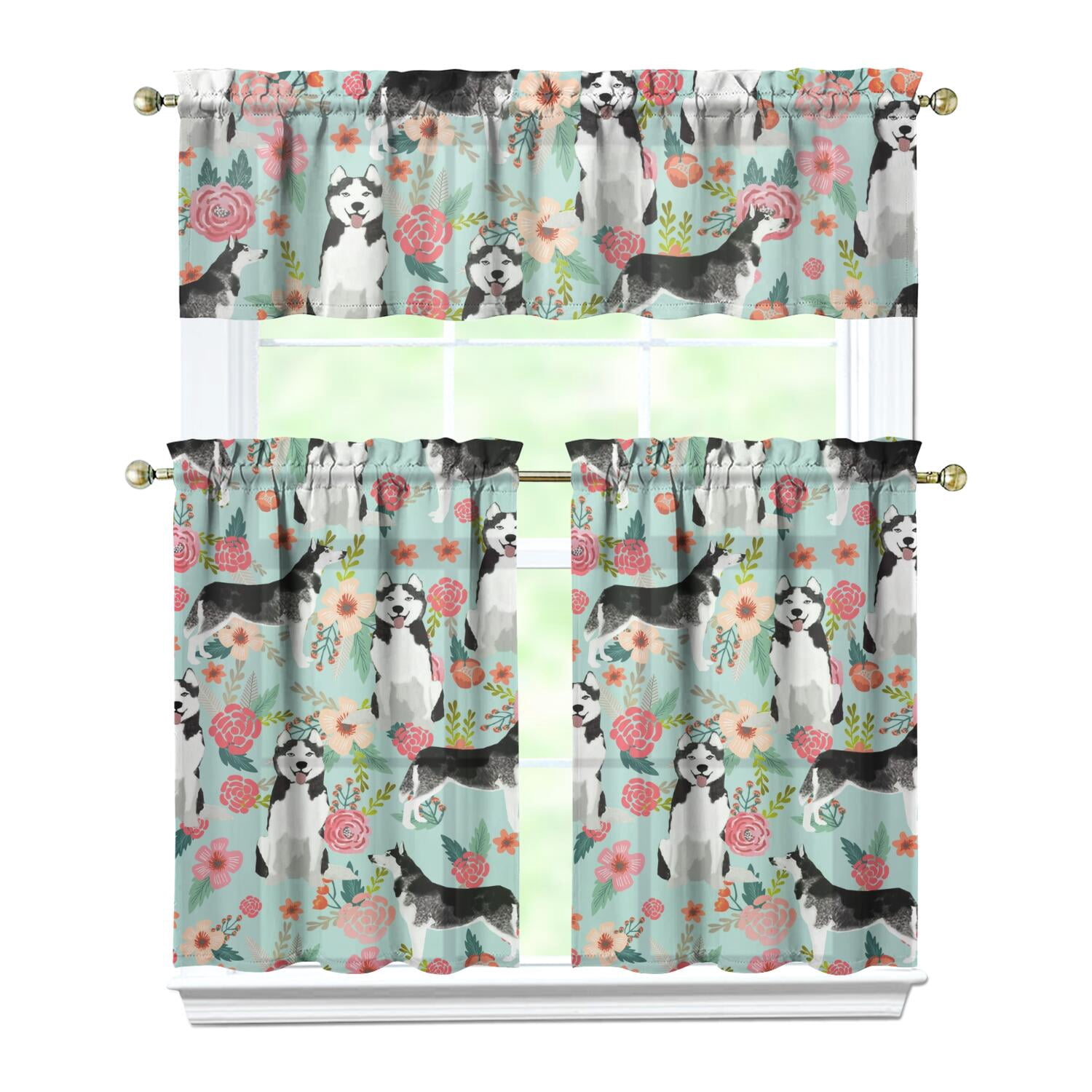 Dog Print Kitchen Curtains 36 Inch Short - 3 Panel Set, Cute Puppy ...