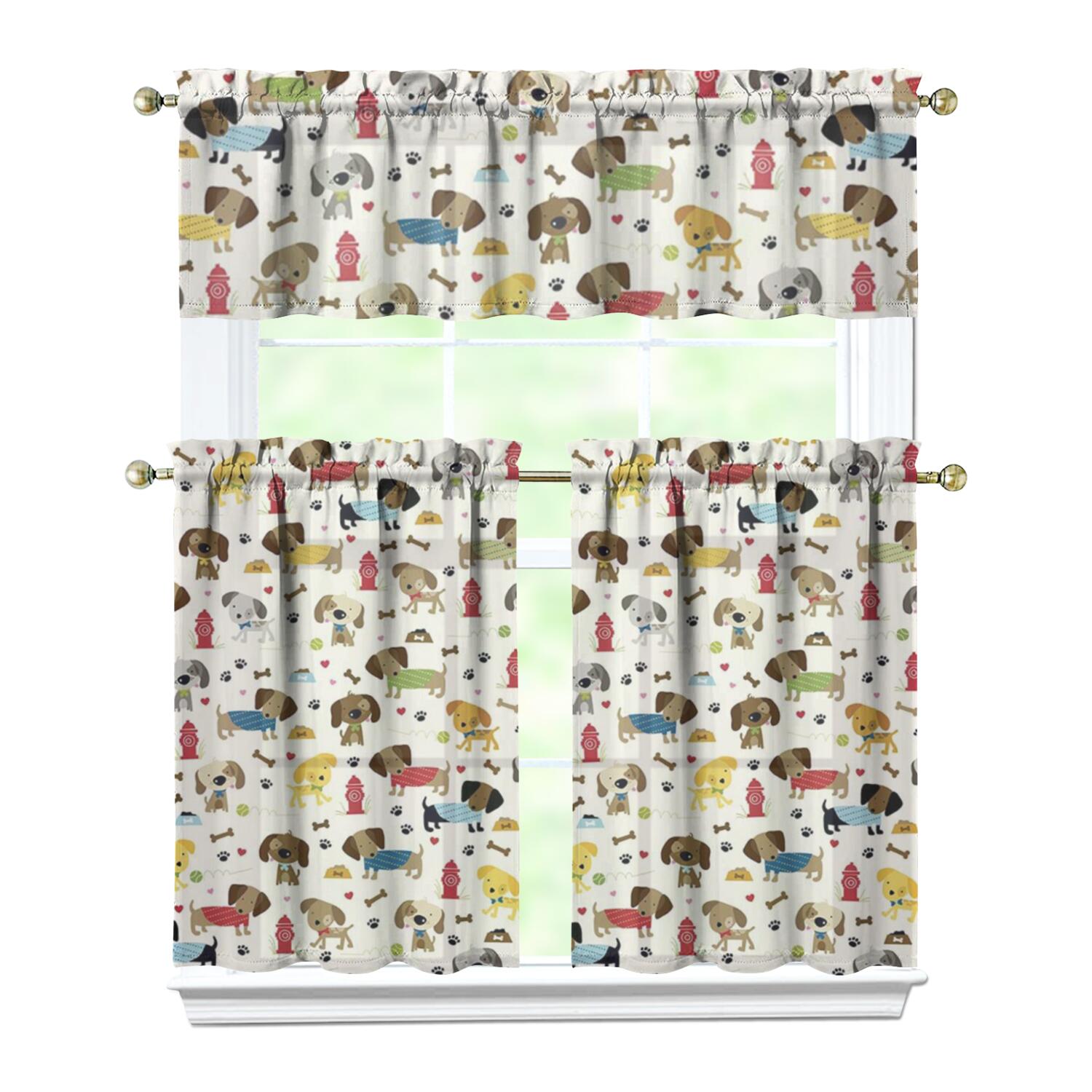 Dog Print Kitchen Curtains 36 Inch Short - 3 Panel Set, Cute Puppy ...