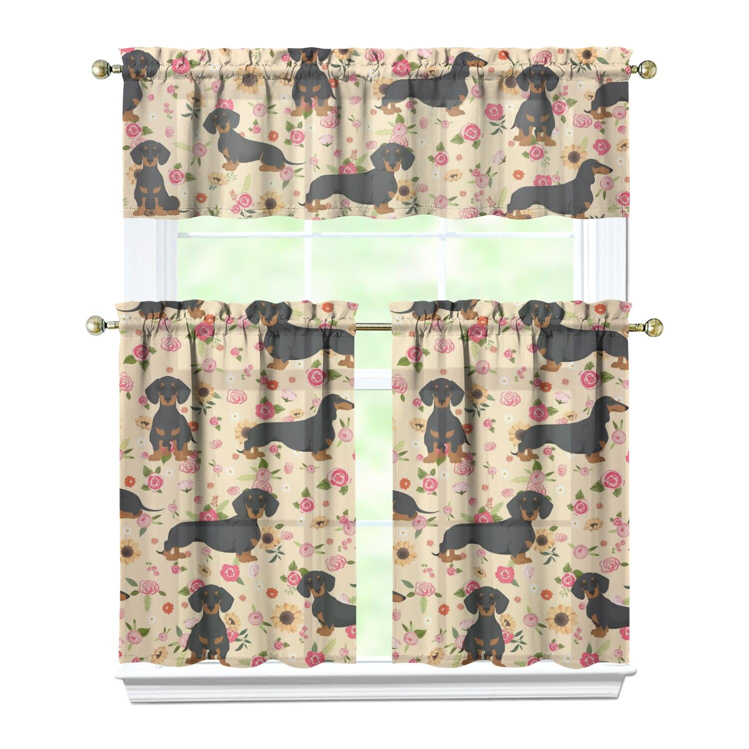 Dog Print Kitchen Curtains 36 Inch Short - 3 Panel Set, Cute Puppy ...