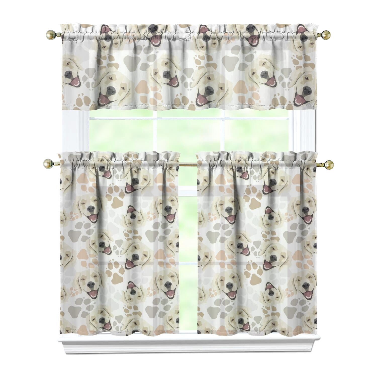 Dog Print Kitchen Curtains 36 Inch Short - 3 Panel Set, Cute Puppy ...