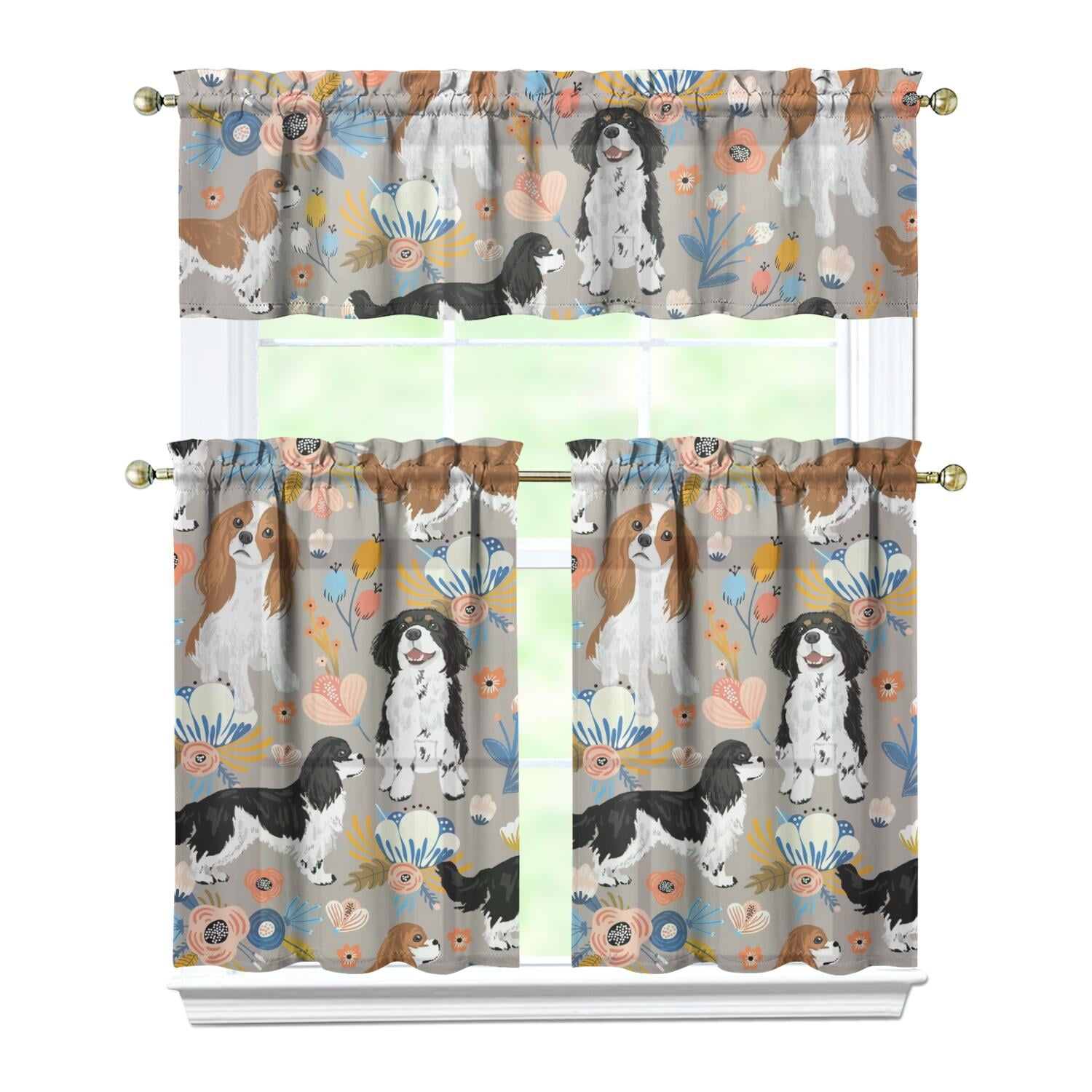Dog Print Kitchen Curtains 36 Inch Short - 3 Panel Set, Cute Puppy ...