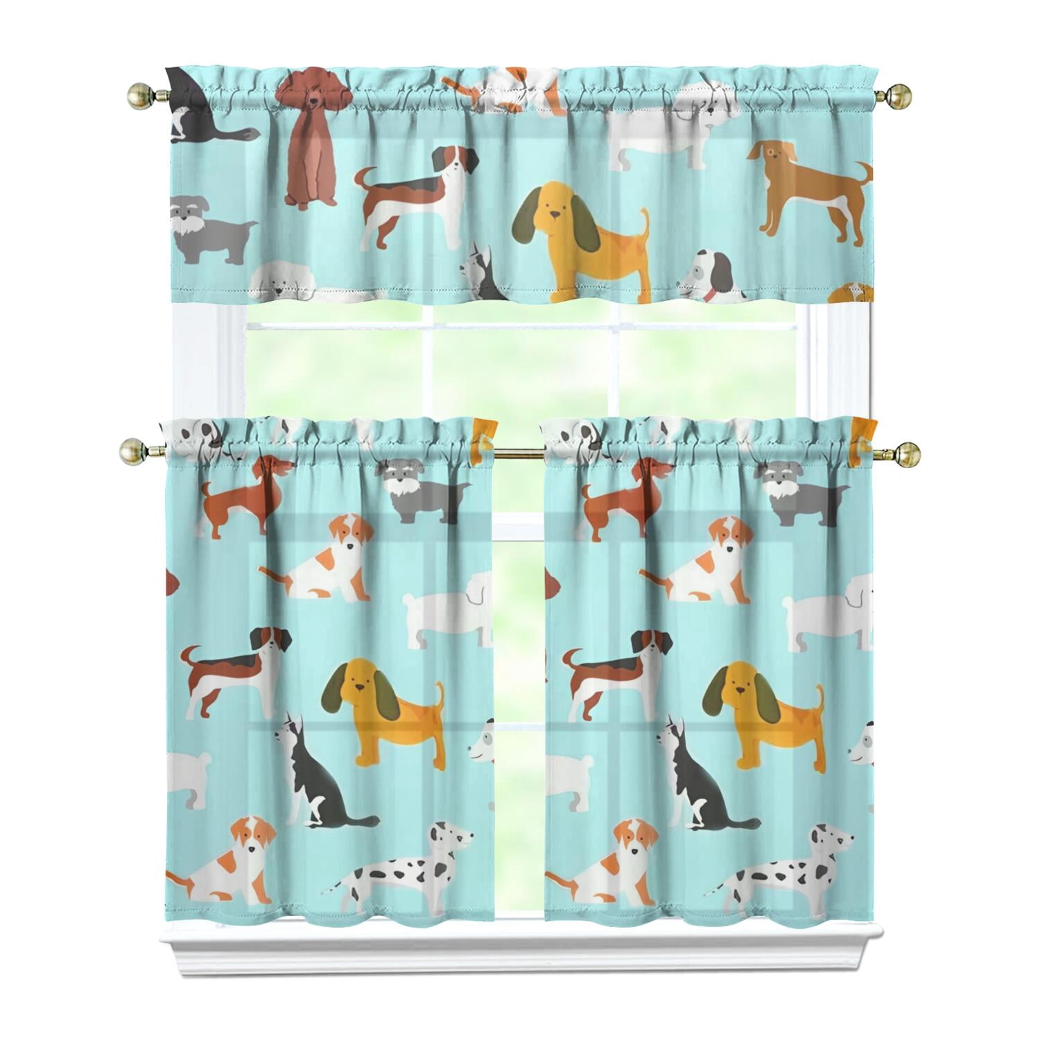 Dog Print Kitchen Curtains 36 Inch Short - 3 Panel Set, Cute Puppy ...