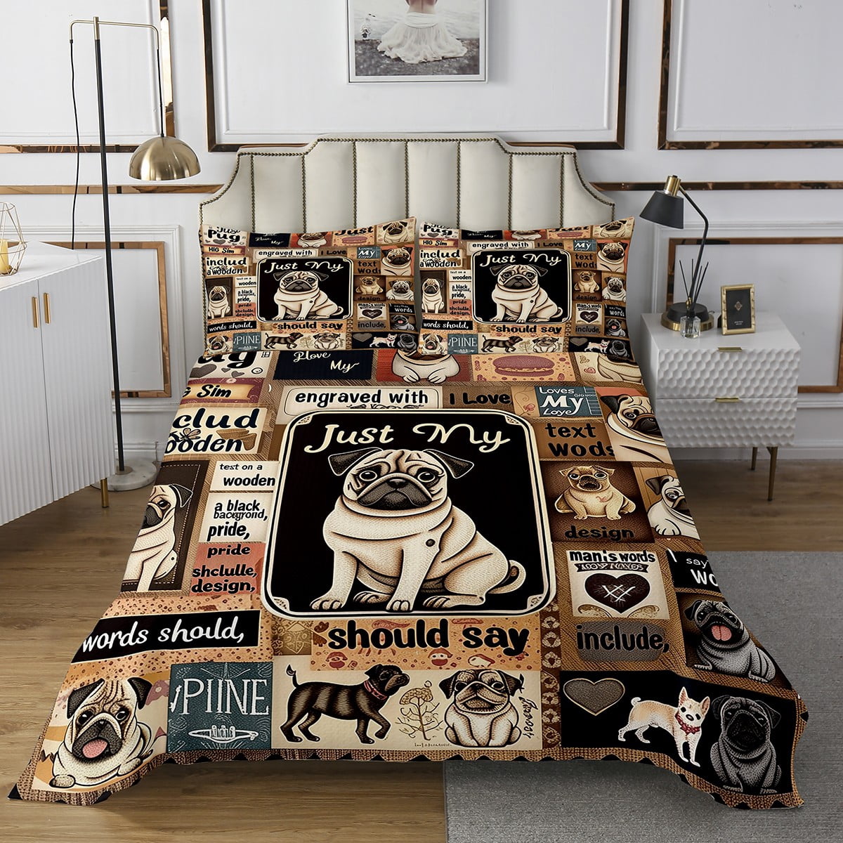 Dog Print Twin Quilt Set Cute Cartoon Pug Dog Bedspread for Dog Lovers ...