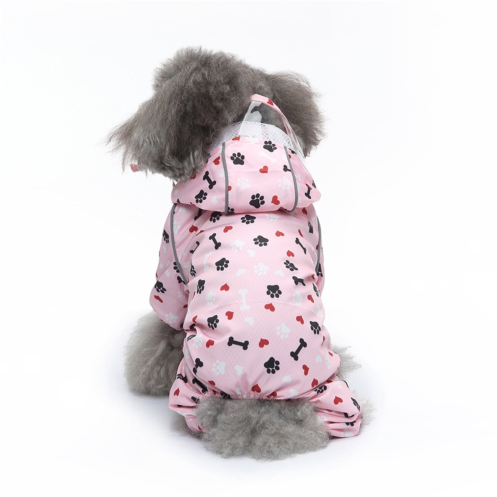 Dog Raincoat With Reflective Chest Strap, Light Pink Paw & Bone Print ...