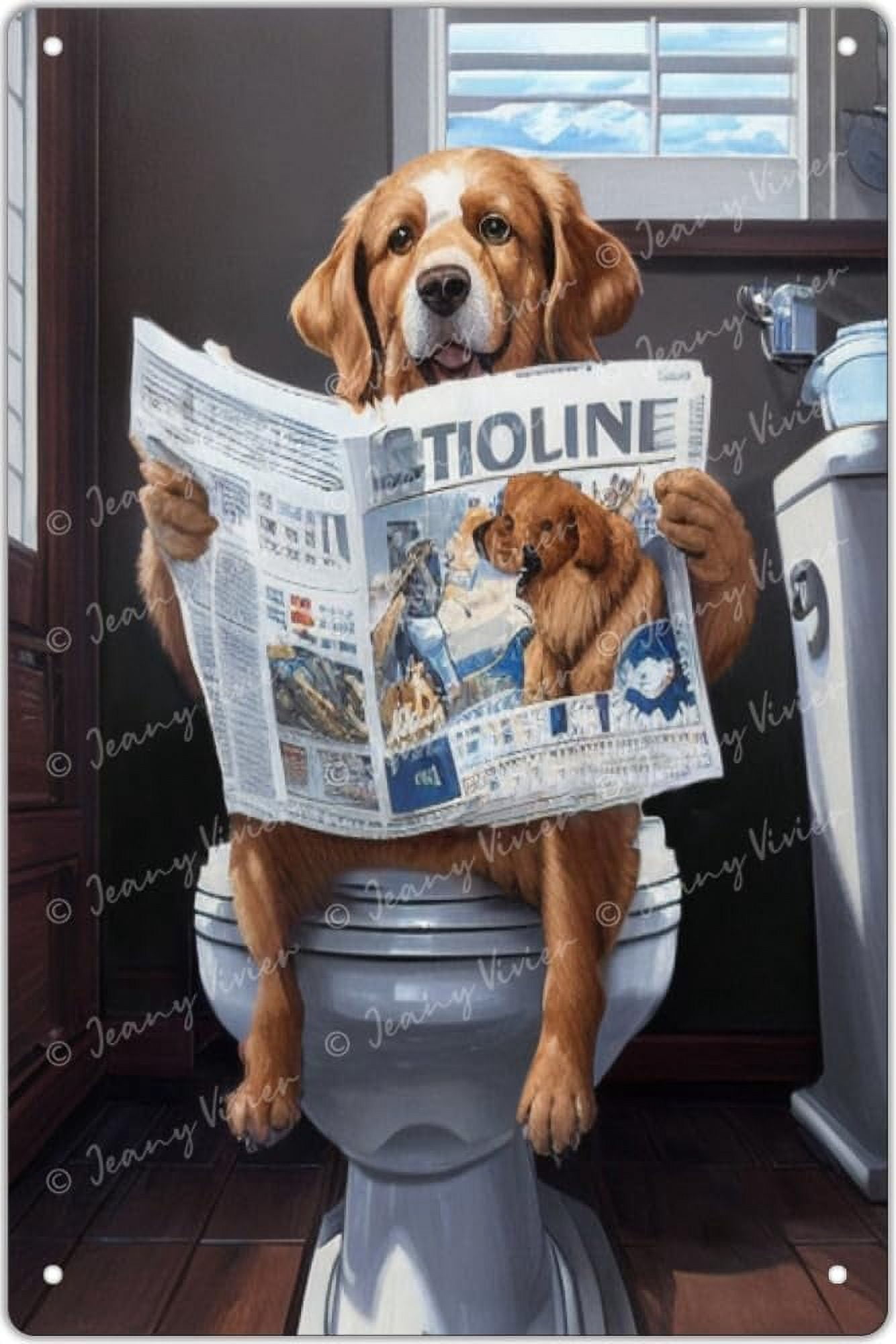 Dog Reading The Newspaper On Toilet Funny Painting Poster Metal Tin ...
