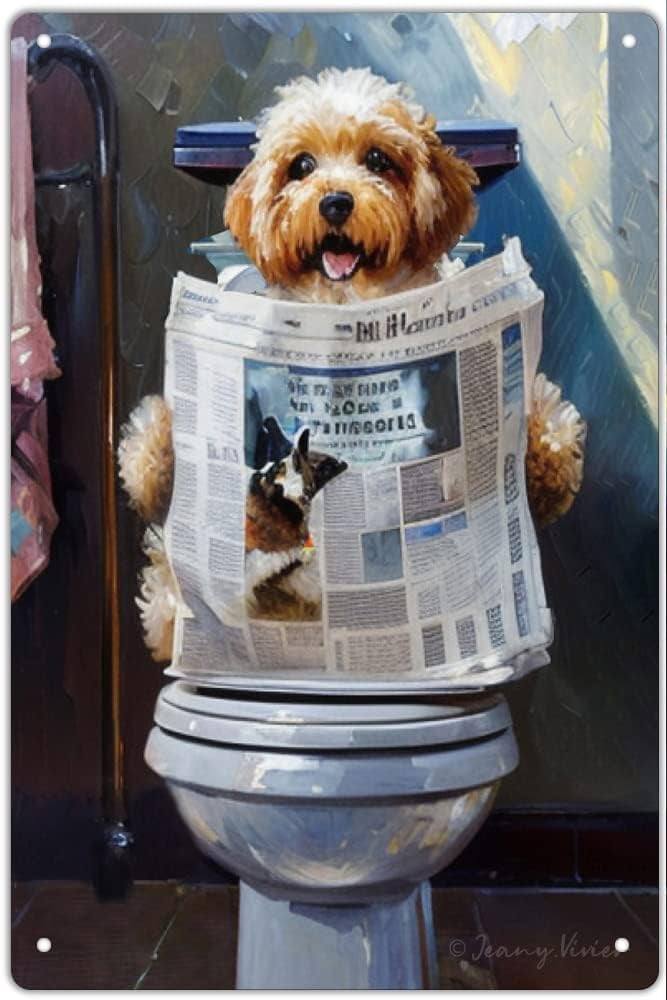 Dog Reading The Newspaper On Toilet Funny Tin Signs Wall Plaque ...