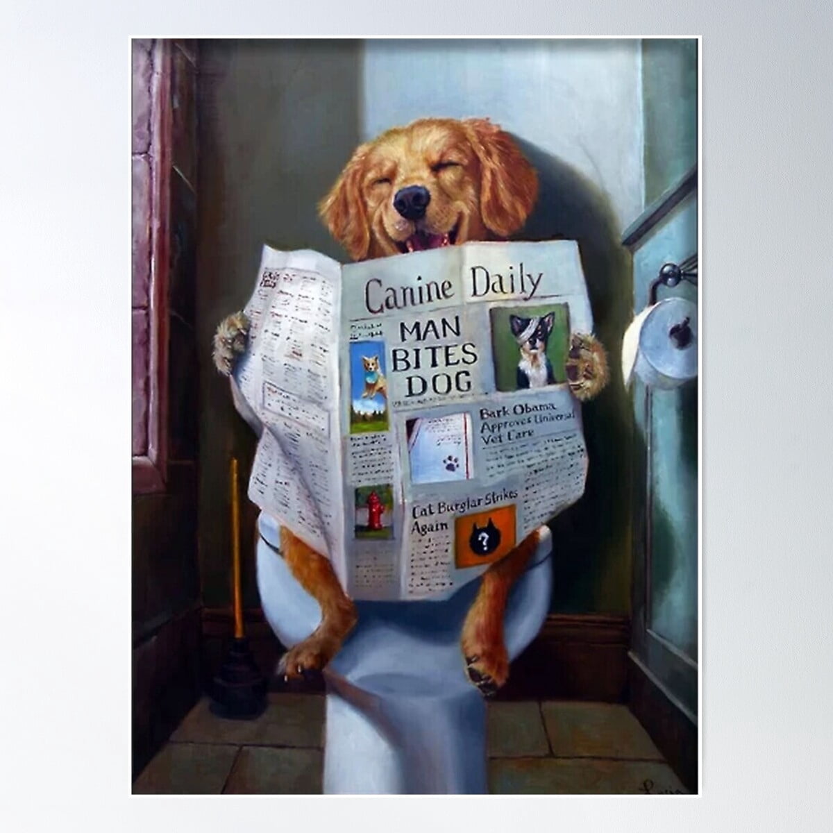 Dog Reading The Newspaper On Toilet Poster Poster Wall Art, Modern Wall ...