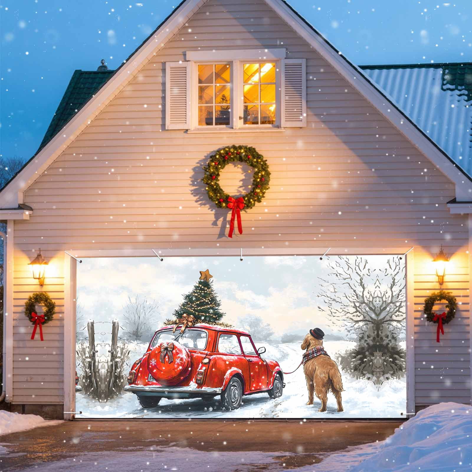 Dog Red Car Garage Door Decorations, 6x13ft Garage Door Cover Banner ...